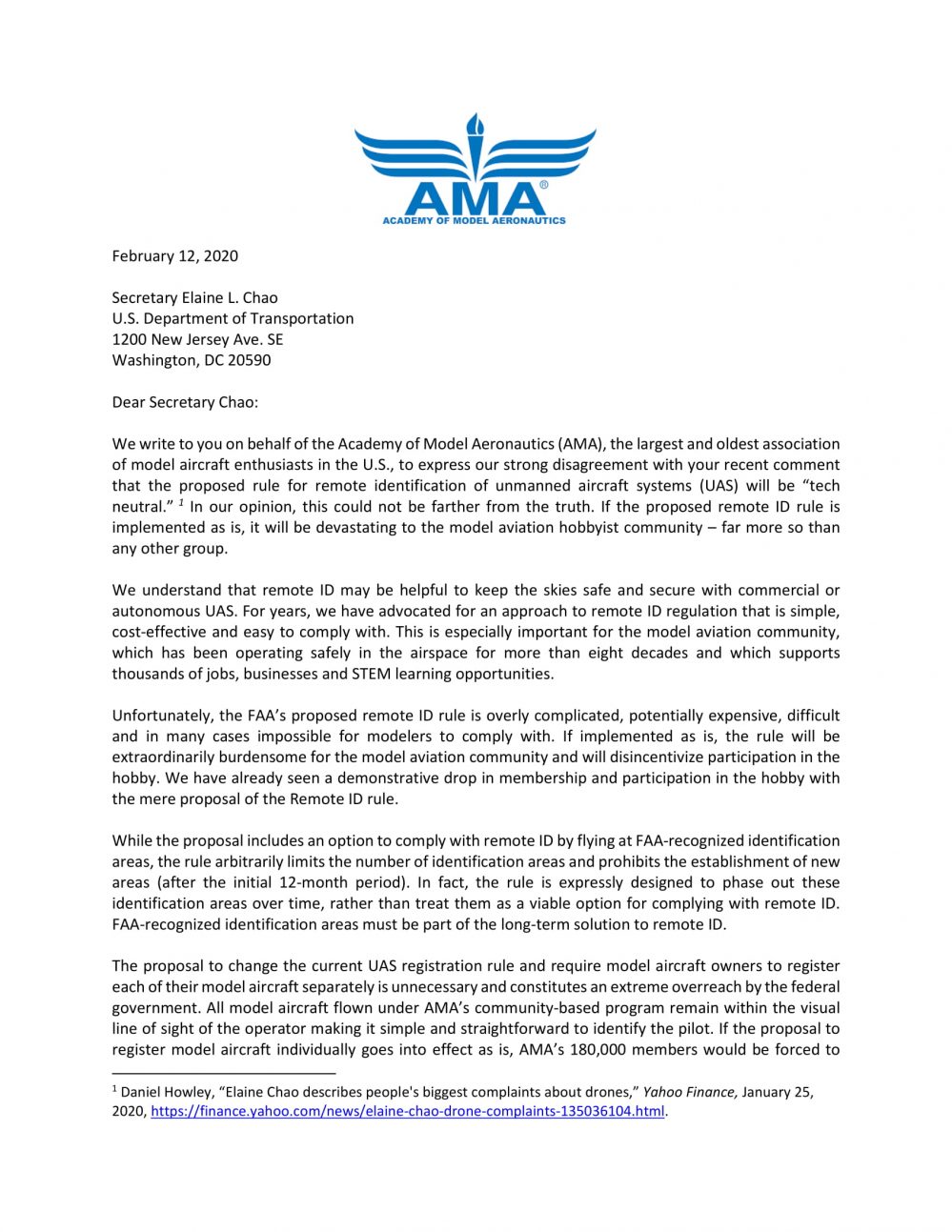 AMA Formal Letter to Secretary Elaine Chao - AMA IN ACTION Advocating ...